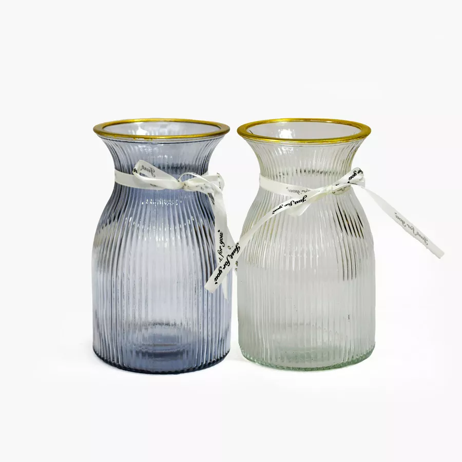 Gold Rim Flower Vase Wide Top Ribbed